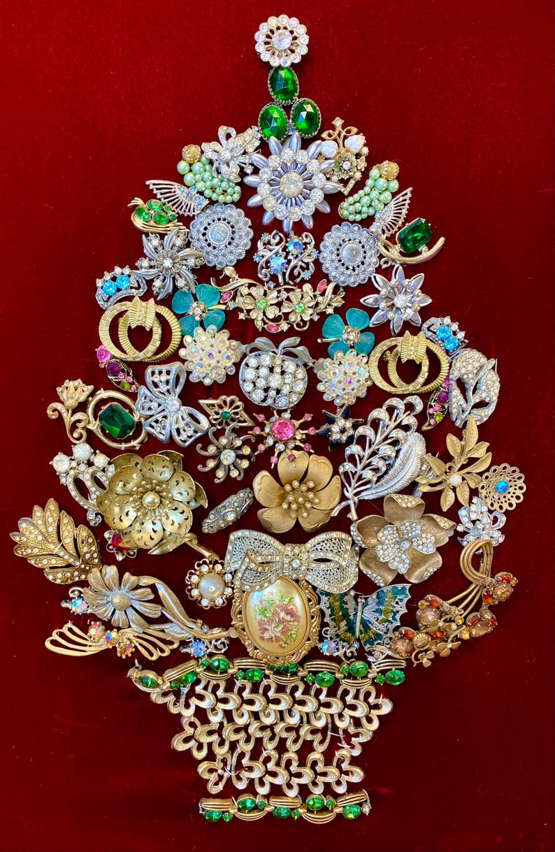Vintage Christmas Tree Brooch Collage: Folk Art Mosaic in Ornate Frame ...