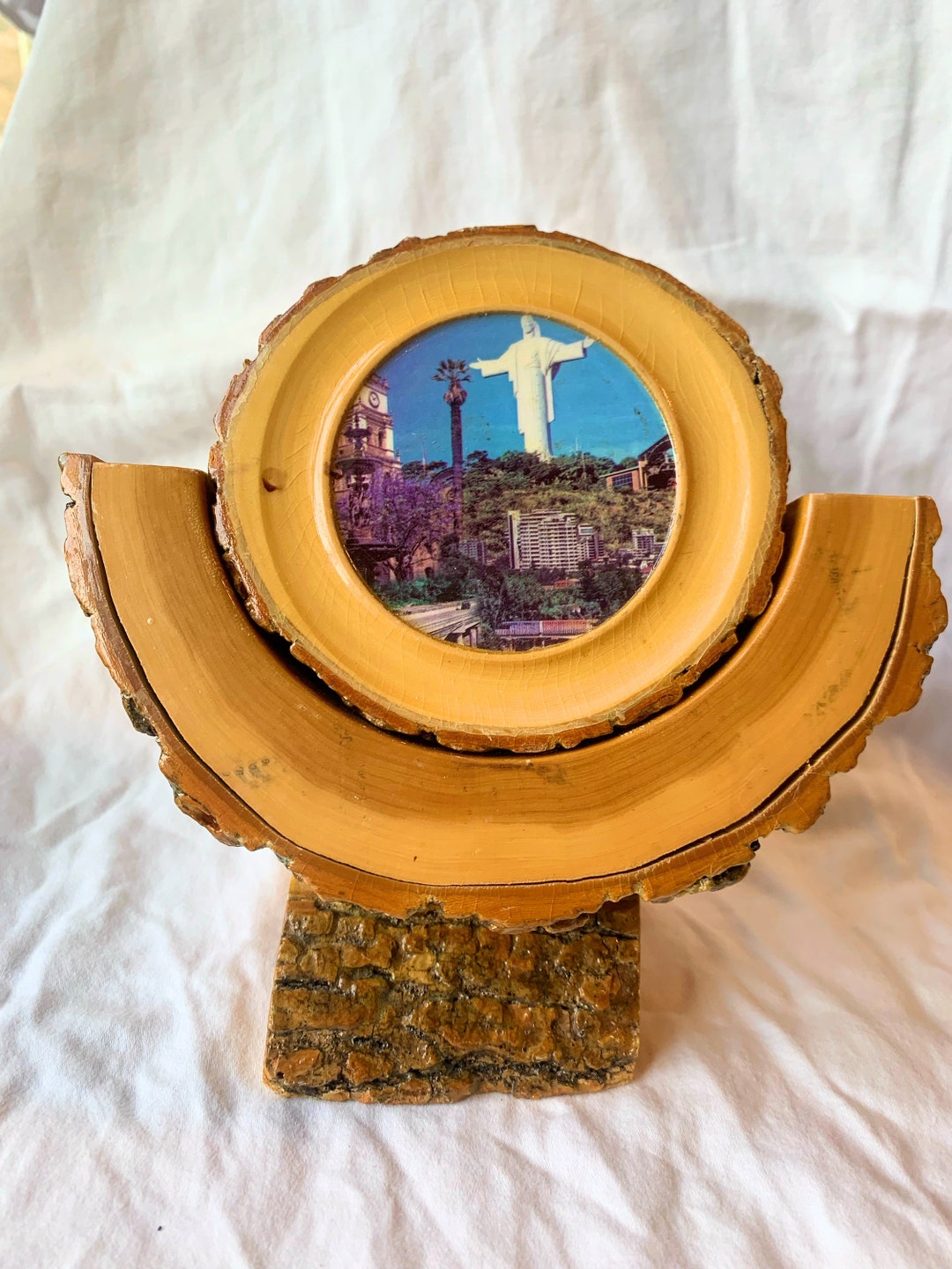 Vintage RARE MCM Handmade Live Edge Wood Coaster Set Bolivia Religious ...