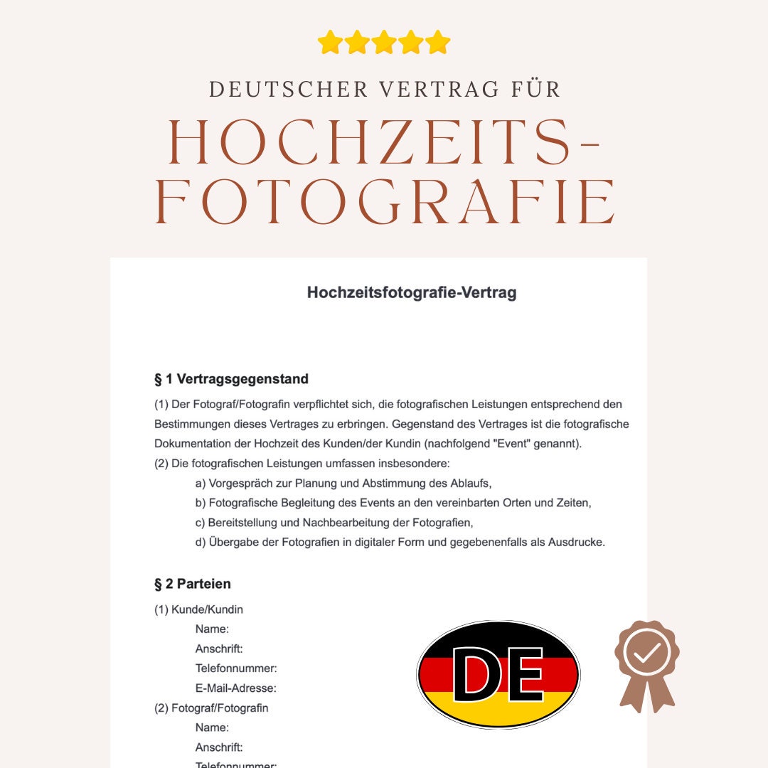 Wedding Photography Contract German for Professional Wedding ...