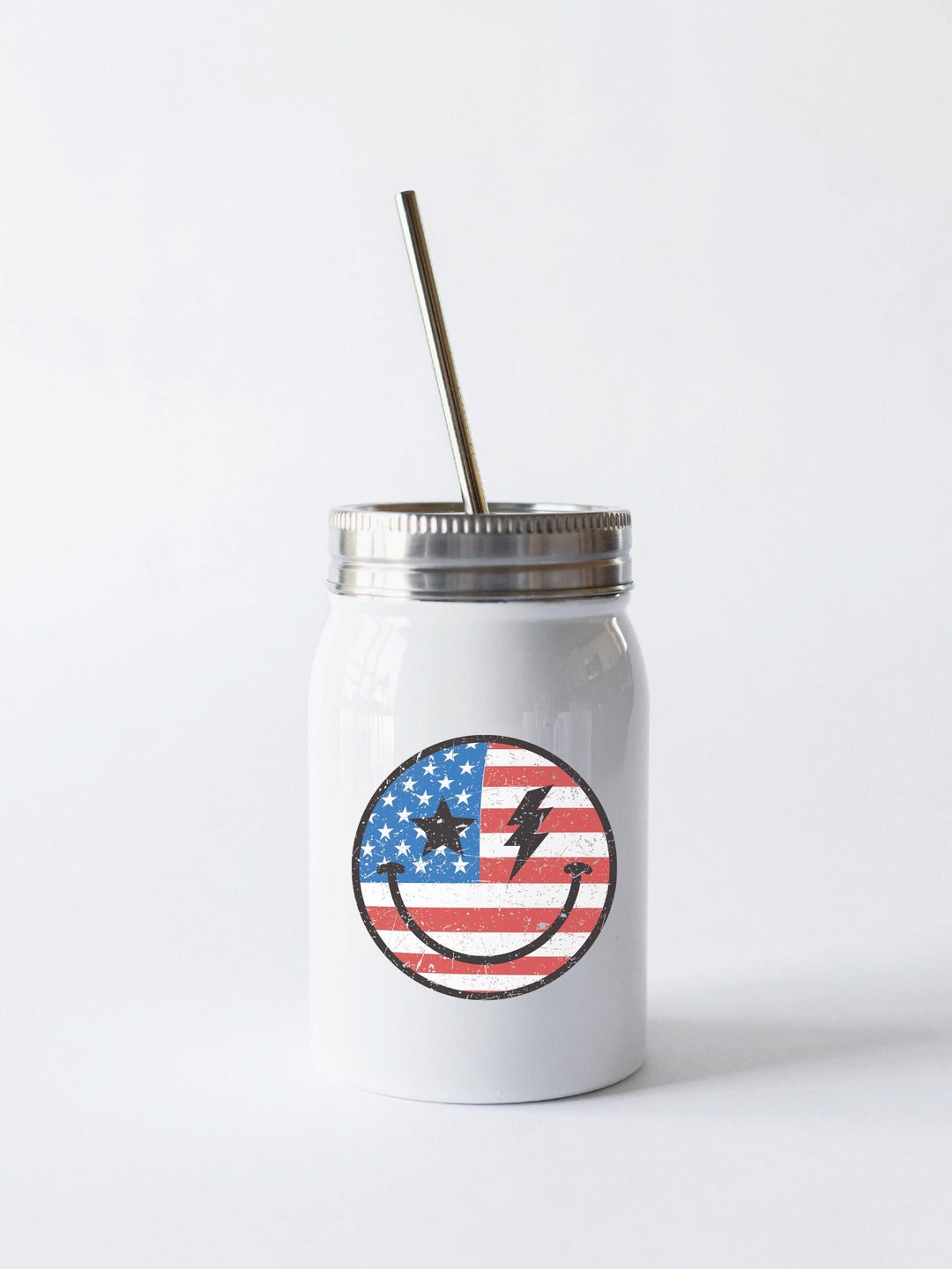 America Smiley 17oz Metal Mason Jar With Metal Straw and Metal Lid Iced ...