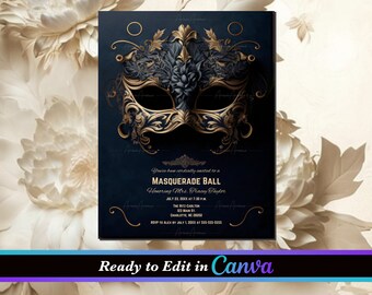 Blue Gold Extravagant Masquerade Ball Prom Ticket Template, Masquerade ...