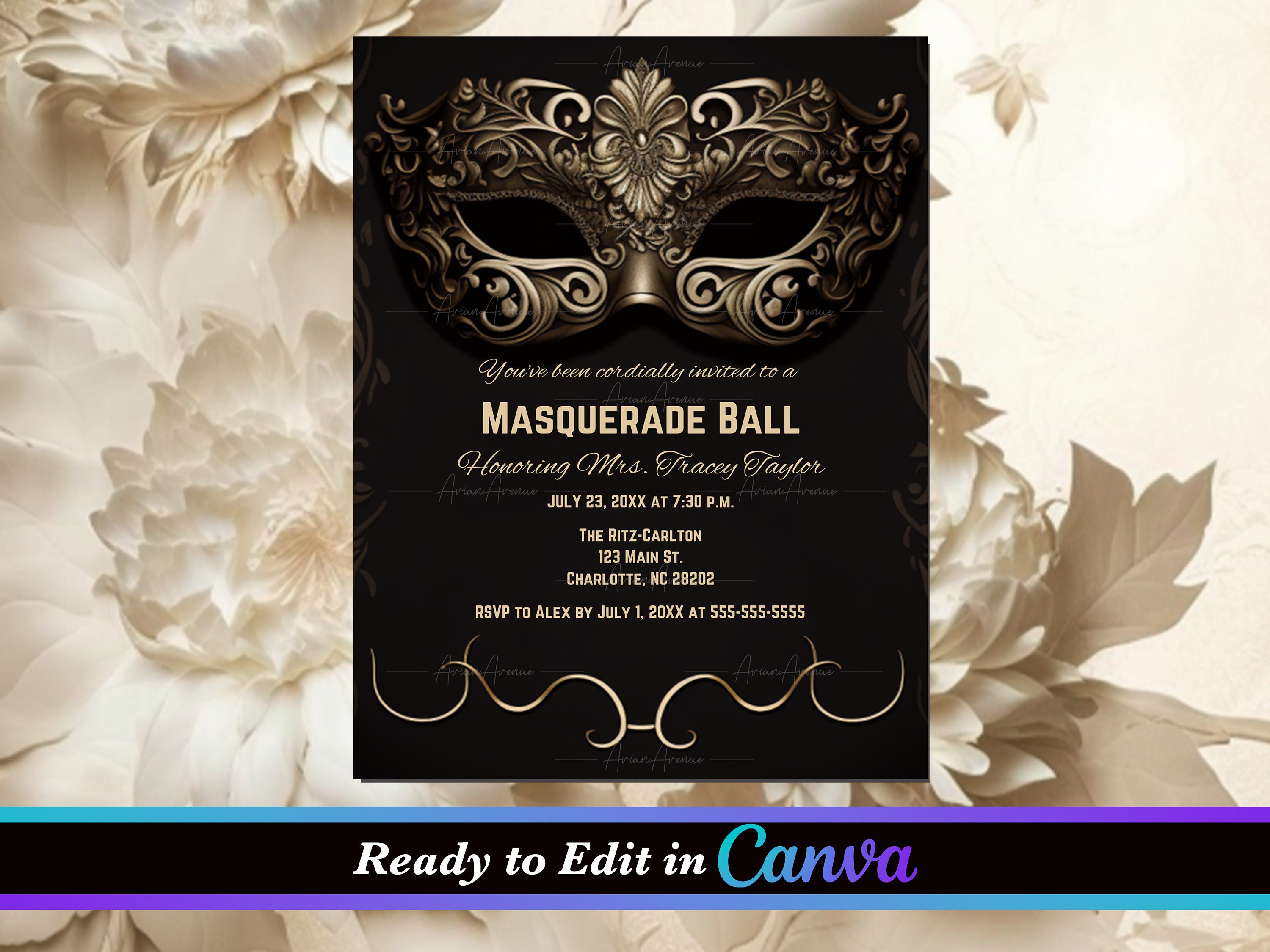 Black Gold Masquerade Ball Invitation Template, Masquerade Party ...