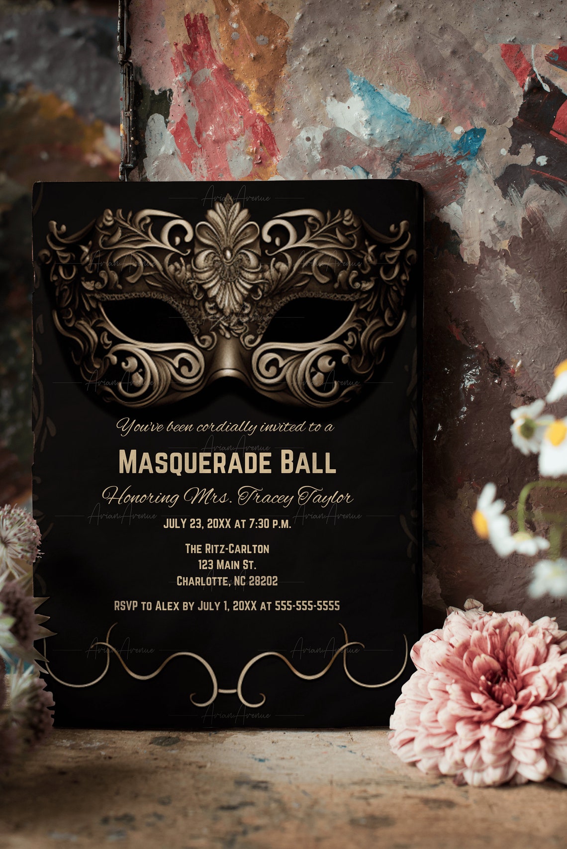 Black Gold Masquerade Ball Invitation Template, Masquerade Party ...