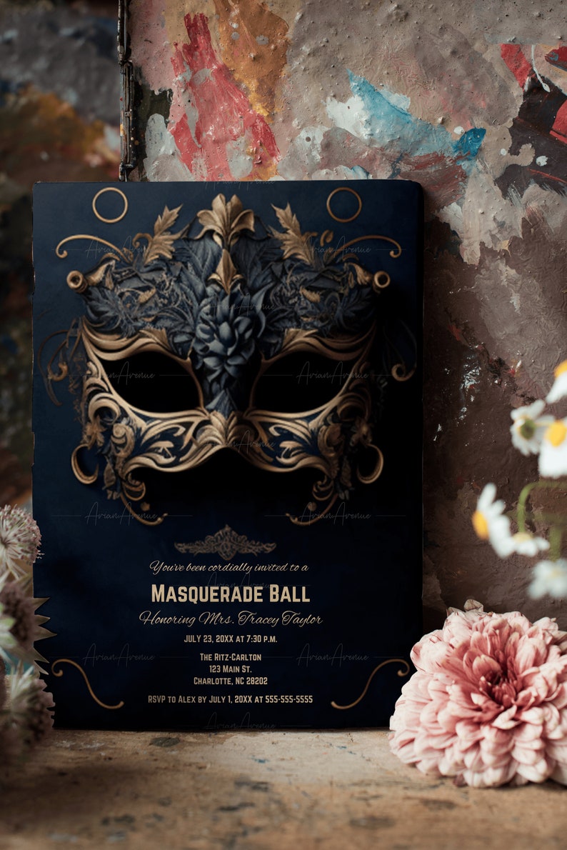 Blue Gold Extravagant Masquerade Ball, Masquerade Party Editable, Party ...