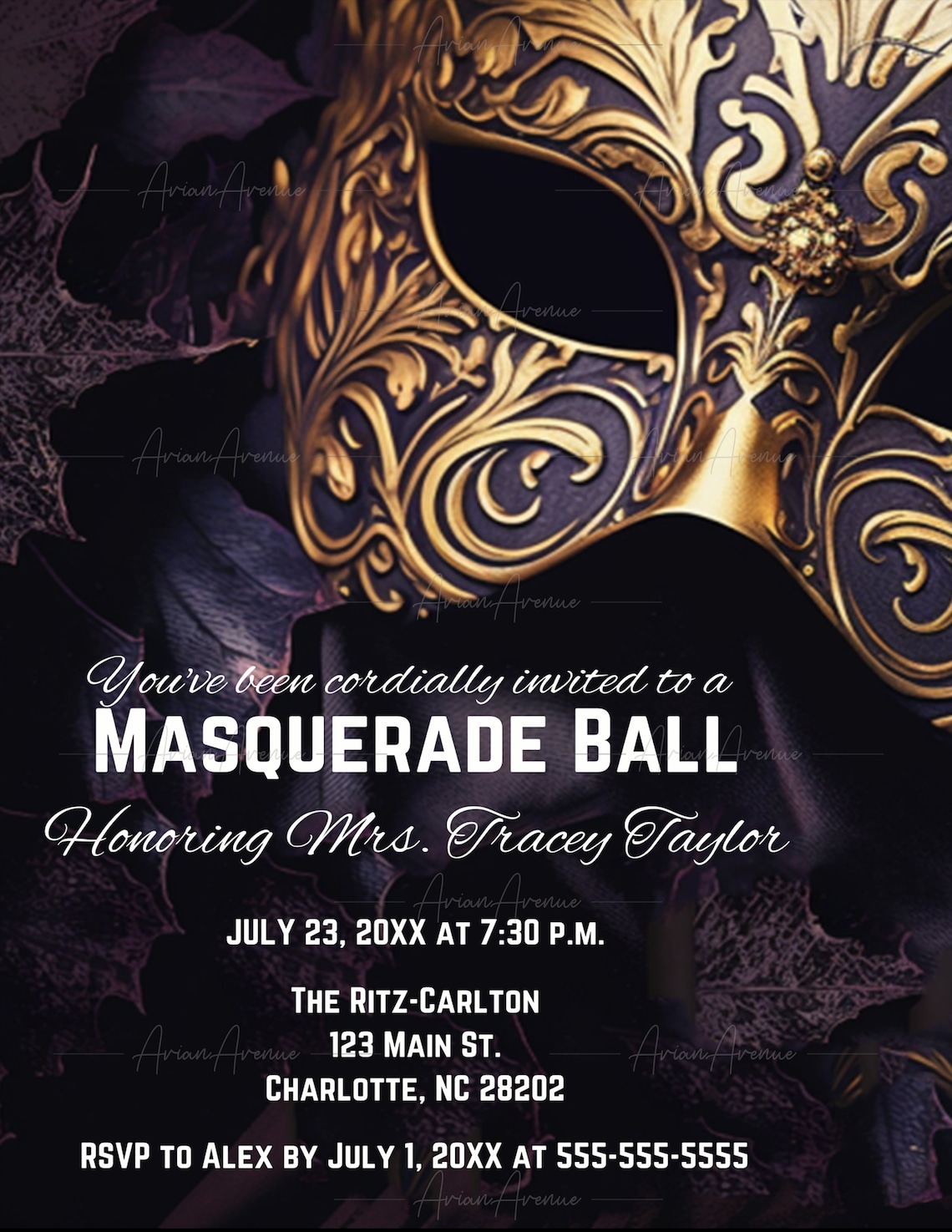 Purple Gold Masquerade Ball Invitation Template, Masquerade Party Editable, Party Invitation ...