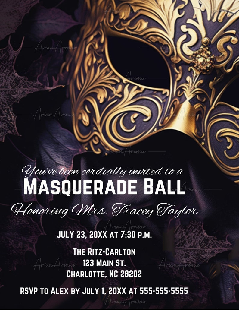 Purple Gold Masquerade Ball Invitation Template, Masquerade Party ...