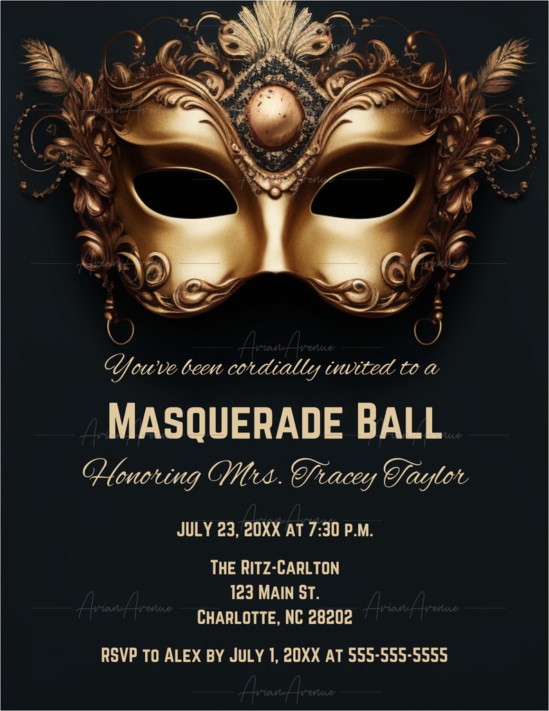 Elegant Masquerade Ball Invitation Template, Masquerade Party Editable ...