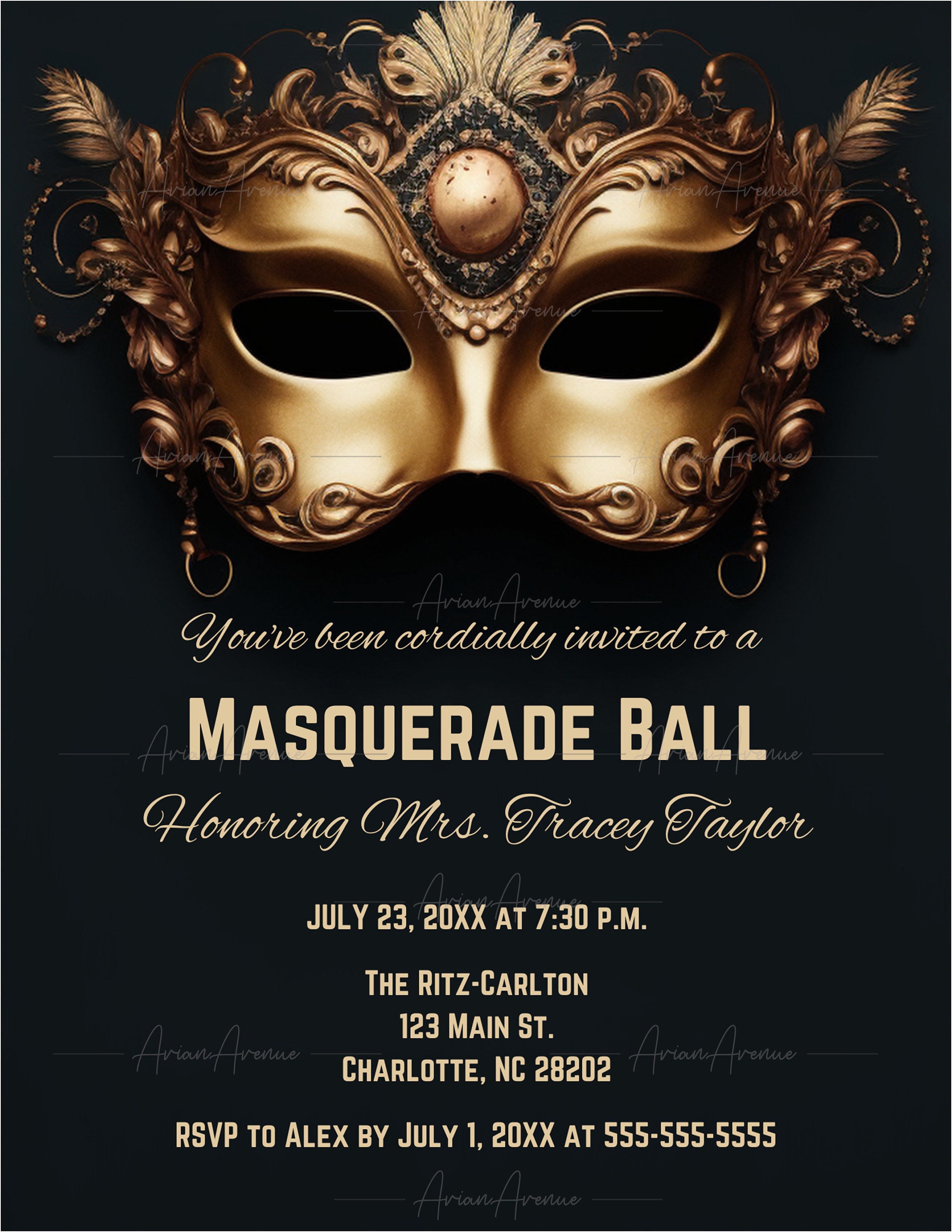 Elegant Masquerade Ball Invitation Template, Masquerade Party Editable ...