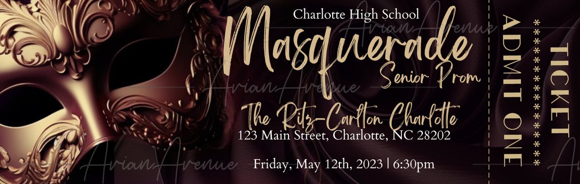 Maroon Elegant Masquerade Prom Ticket Template, Masquerade Party ...