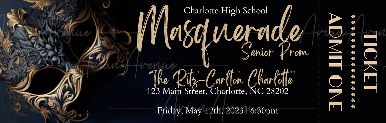 Blue Gold Extravagant Masquerade Ball Prom Ticket Template, Masquerade ...