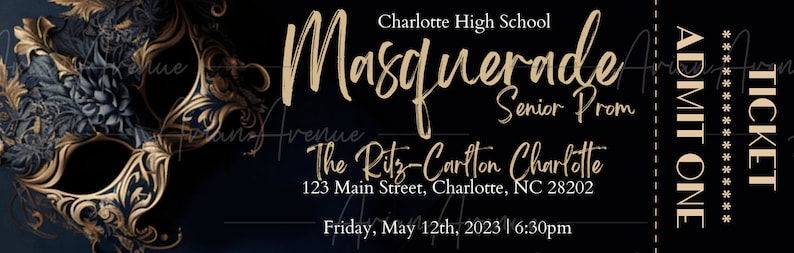 Blue Gold Extravagant Masquerade Ball Prom Ticket Template, Masquerade ...