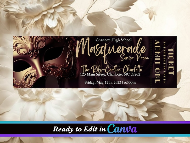 Maroon Elegant Masquerade Prom Ticket Template, Masquerade Party ...