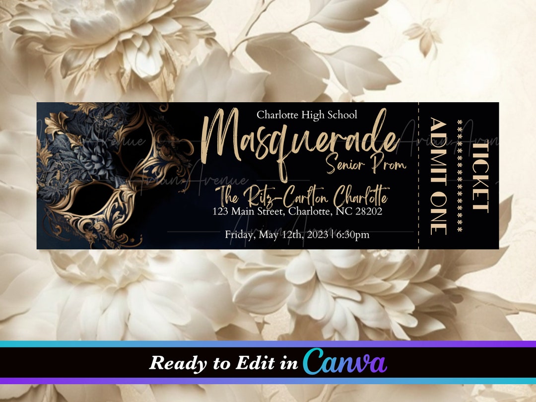Blue Gold Extravagant Masquerade Ball Prom Ticket Template, Masquerade ...