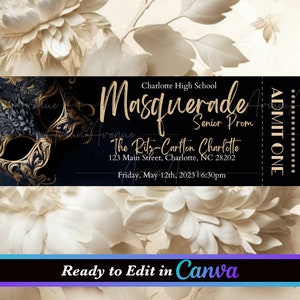 Blue Gold Extravagant Masquerade Ball Prom Ticket Template, Masquerade ...