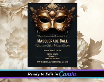 Purple Gold Masquerade Ball Invitation Template, Masquerade Party ...