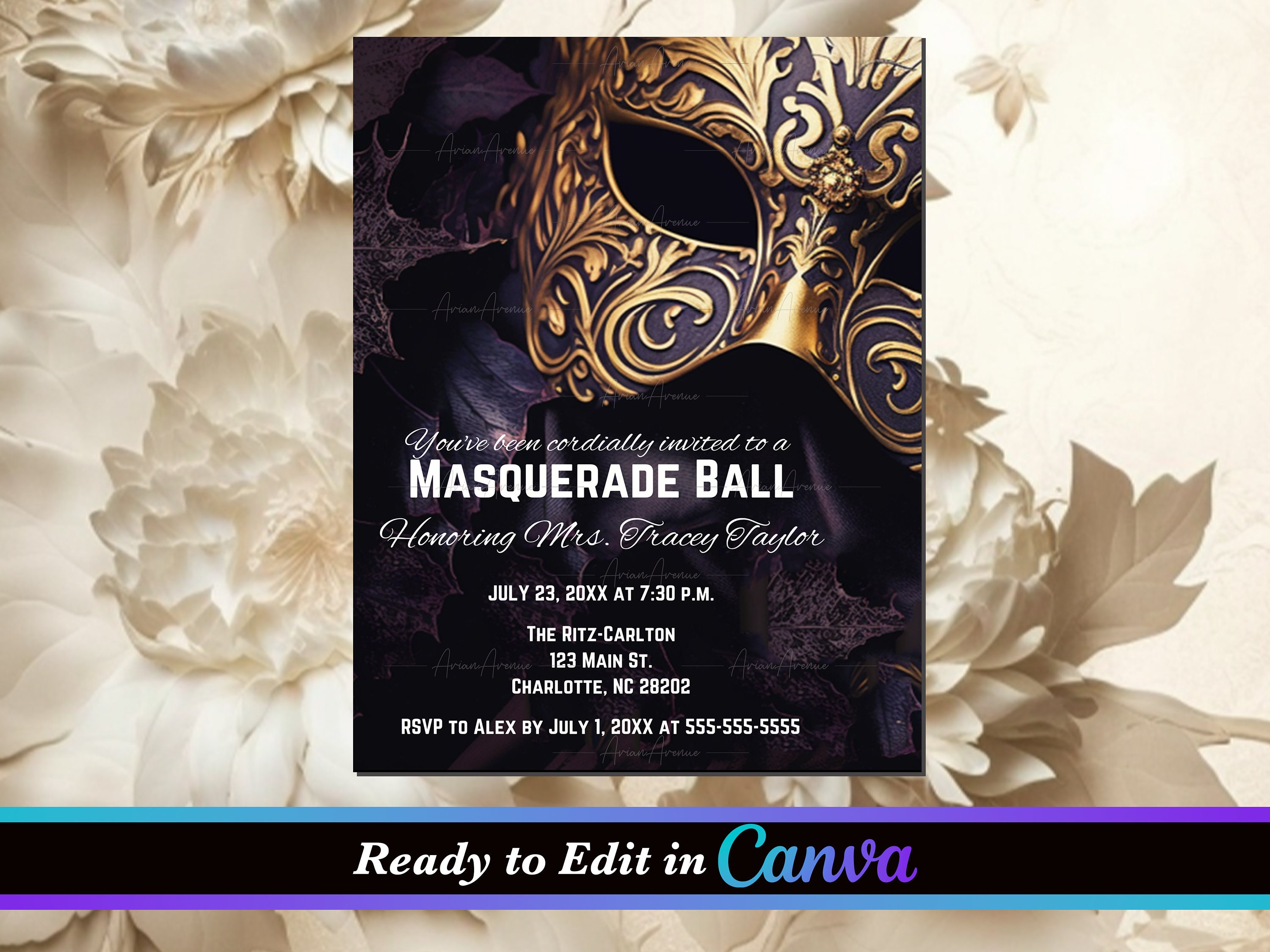 Purple Gold Masquerade Ball Invitation Template, Masquerade Party ...