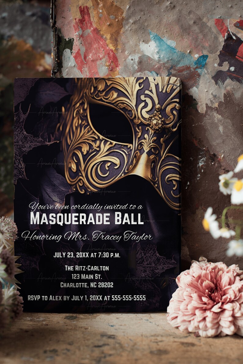 Purple Gold Masquerade Ball Invitation Template, Masquerade Party ...