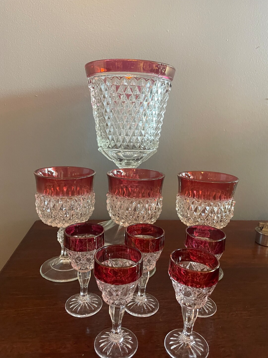 Vintage Indiana Glass Diamond Point Ruby Red Five (5) Cordial/sherry ...