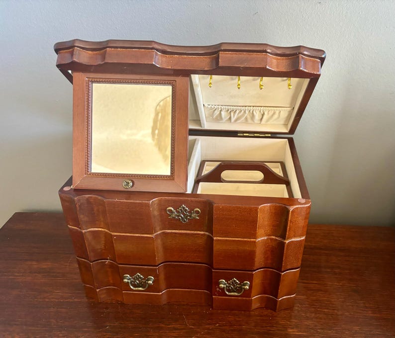 Vintage Wooden Jewelry Box With Tilted Mirror, Drawer and Winter White ...
