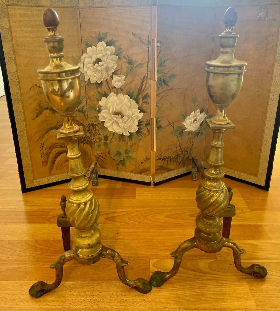 Antique Federal Style Andirons Brass With Copper Accent - Etsy
