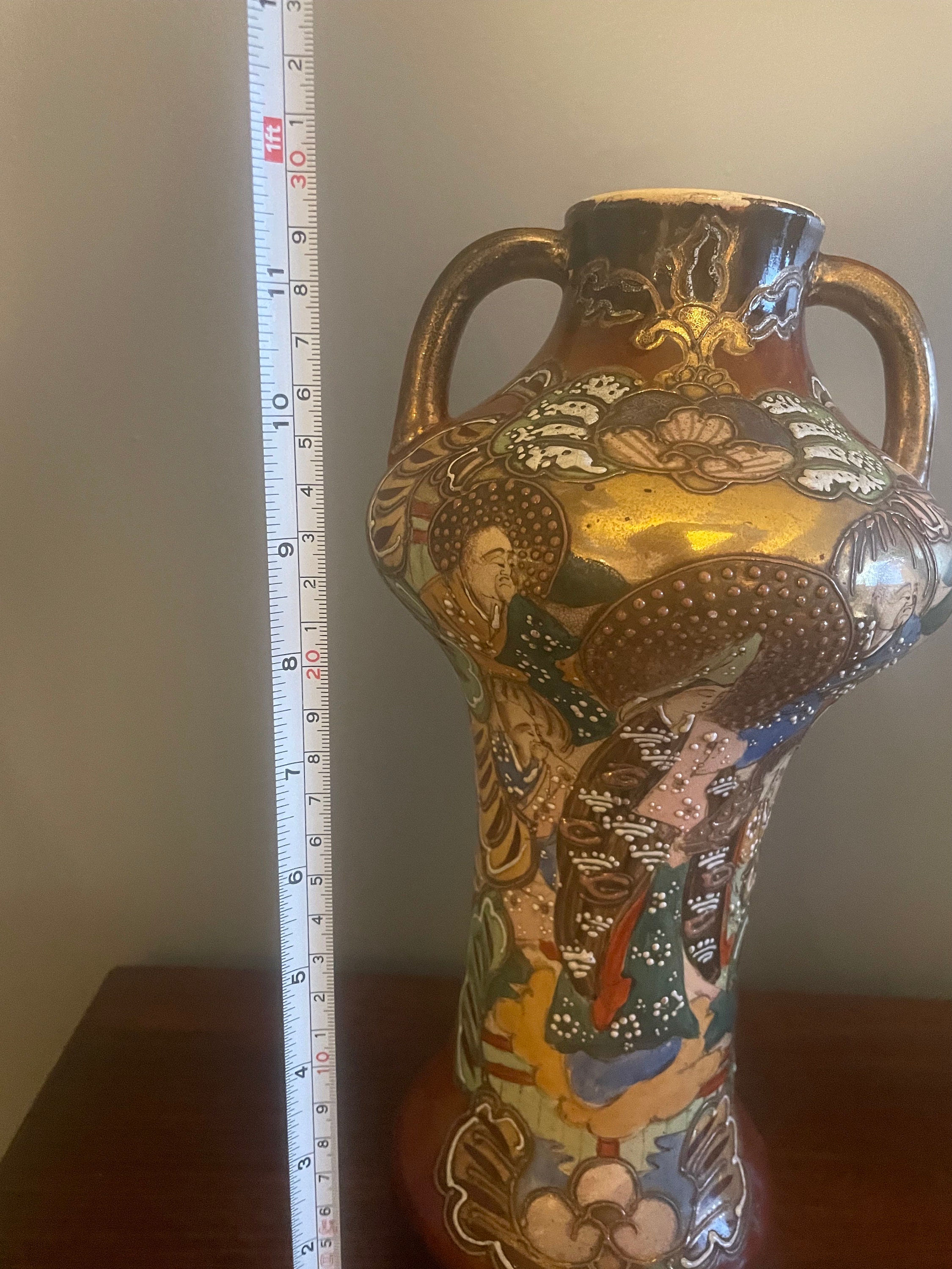 Beautiful Large Handled Satsuma Art Pottery Vase, Featuring Hand ...