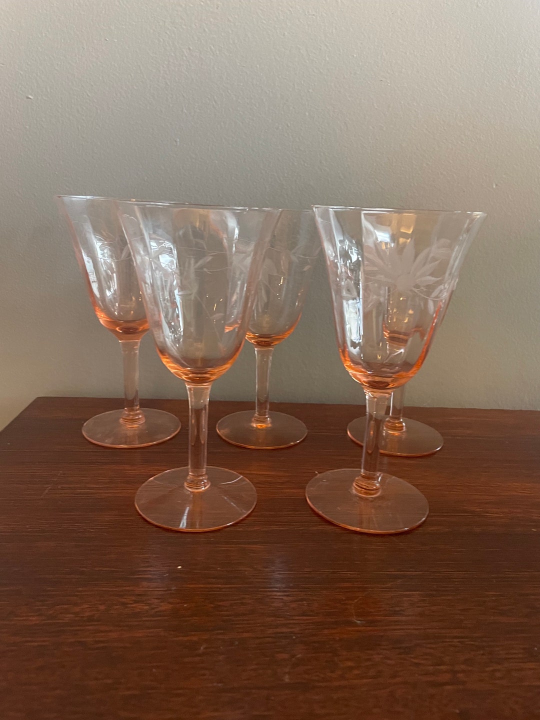 Sweet Pink Depression Glass Wine Glasses Set of 4 Optic Rib FLORAL LEAF ...