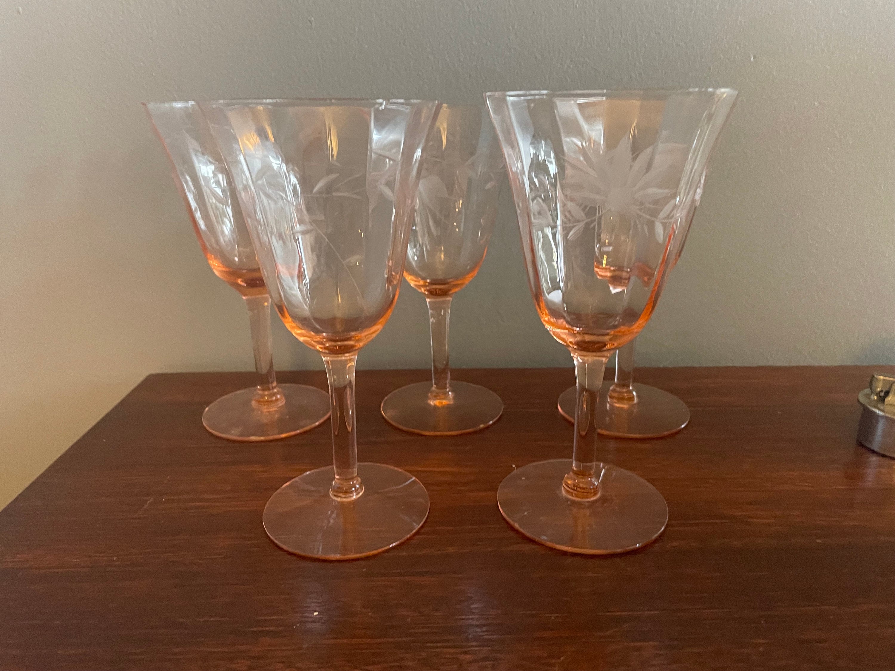 Sweet Pink Depression Glass Wine Glasses Set of 4 Optic Rib FLORAL LEAF ...