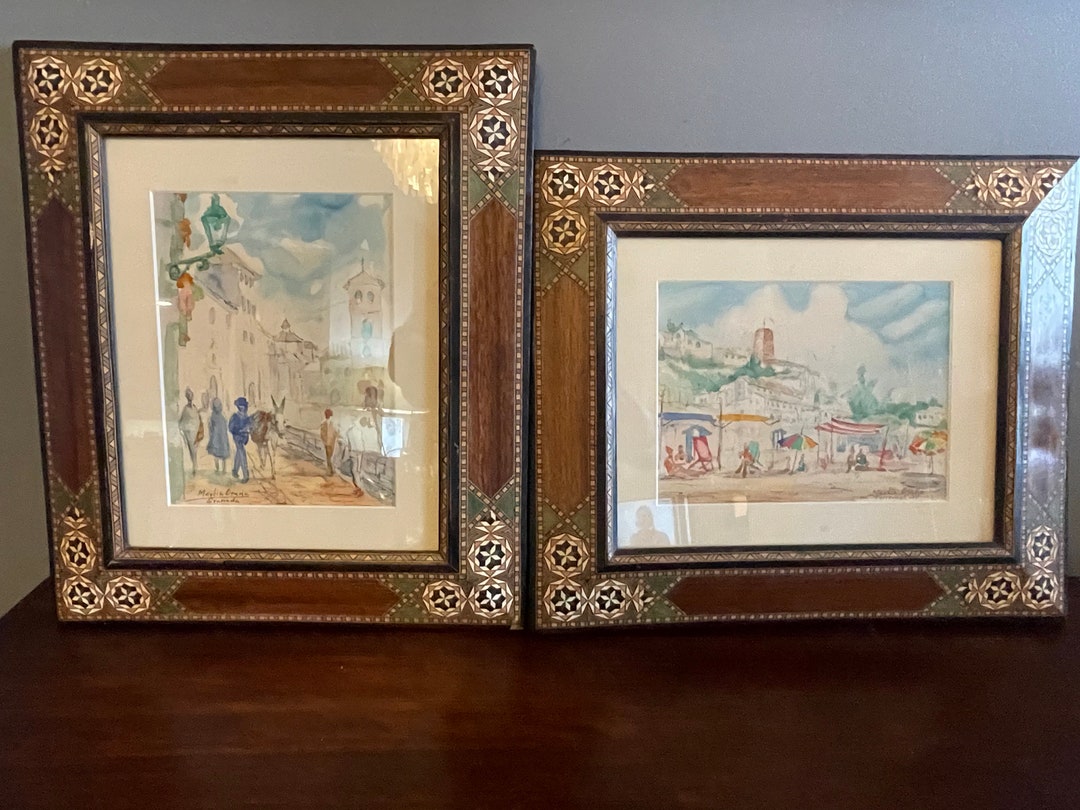 Pair of Lovely, Signed Watercolors in Beautiful Inlaid Wood Frames - Etsy
