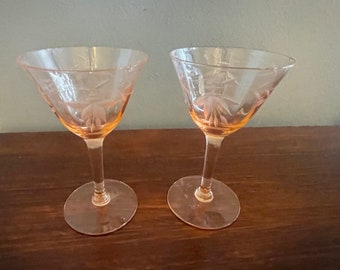 Sweet Pink Depression Glass Wine Glasses Set of 4 Optic Rib FLORAL LEAF ...