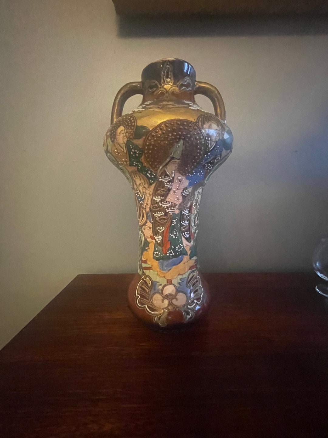 Beautiful Large Handled Satsuma Art Pottery Vase, Featuring Hand ...