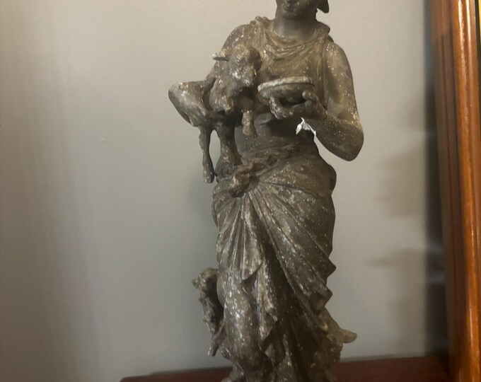 Vintage Cast Metal Flora Statue/ Figure Woman With Sheep - Heavy - Wear ...