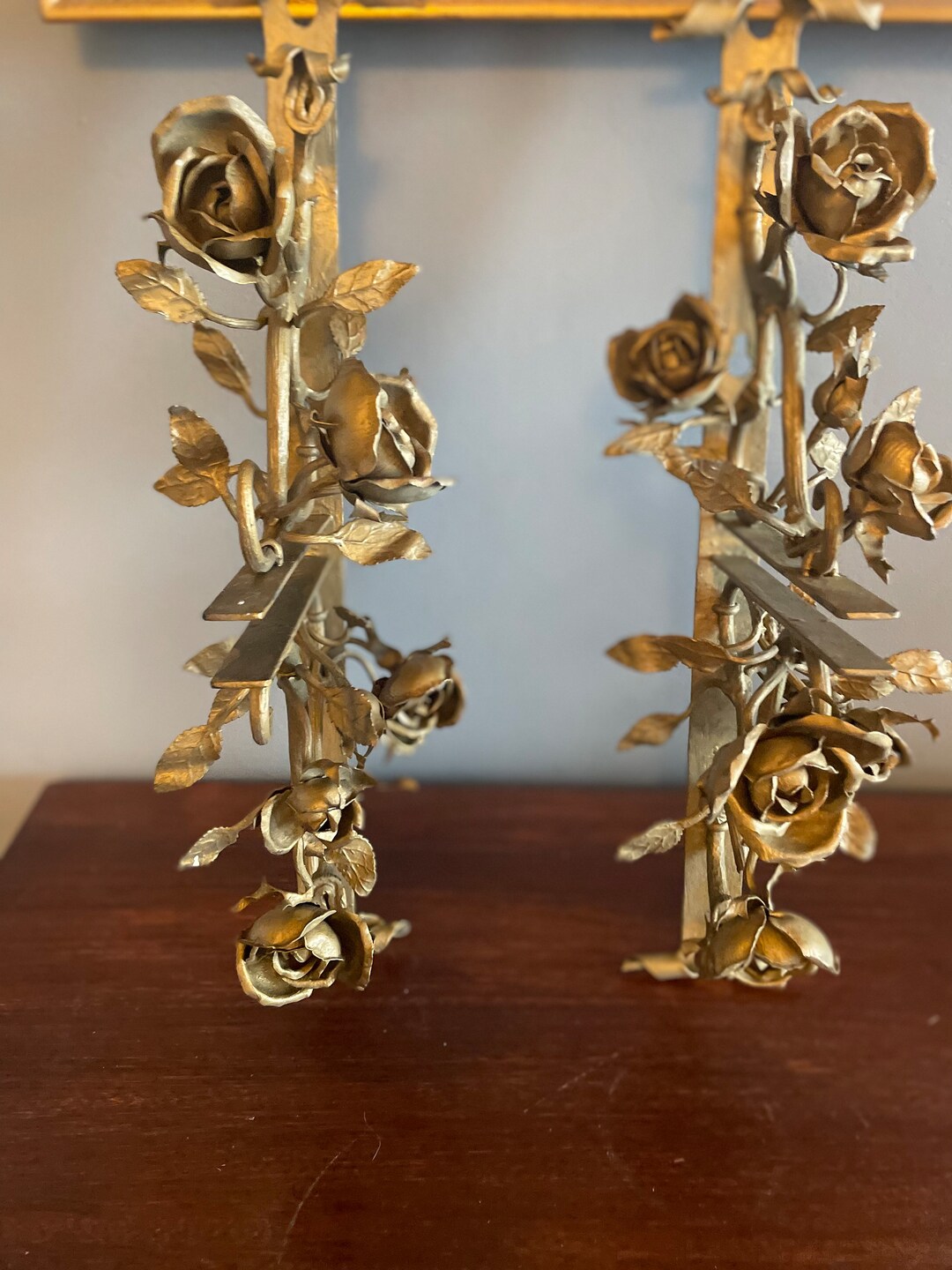 Hollywood Regency Italian Gilt Metal Floral Candle Wall Decor / Shelf ...