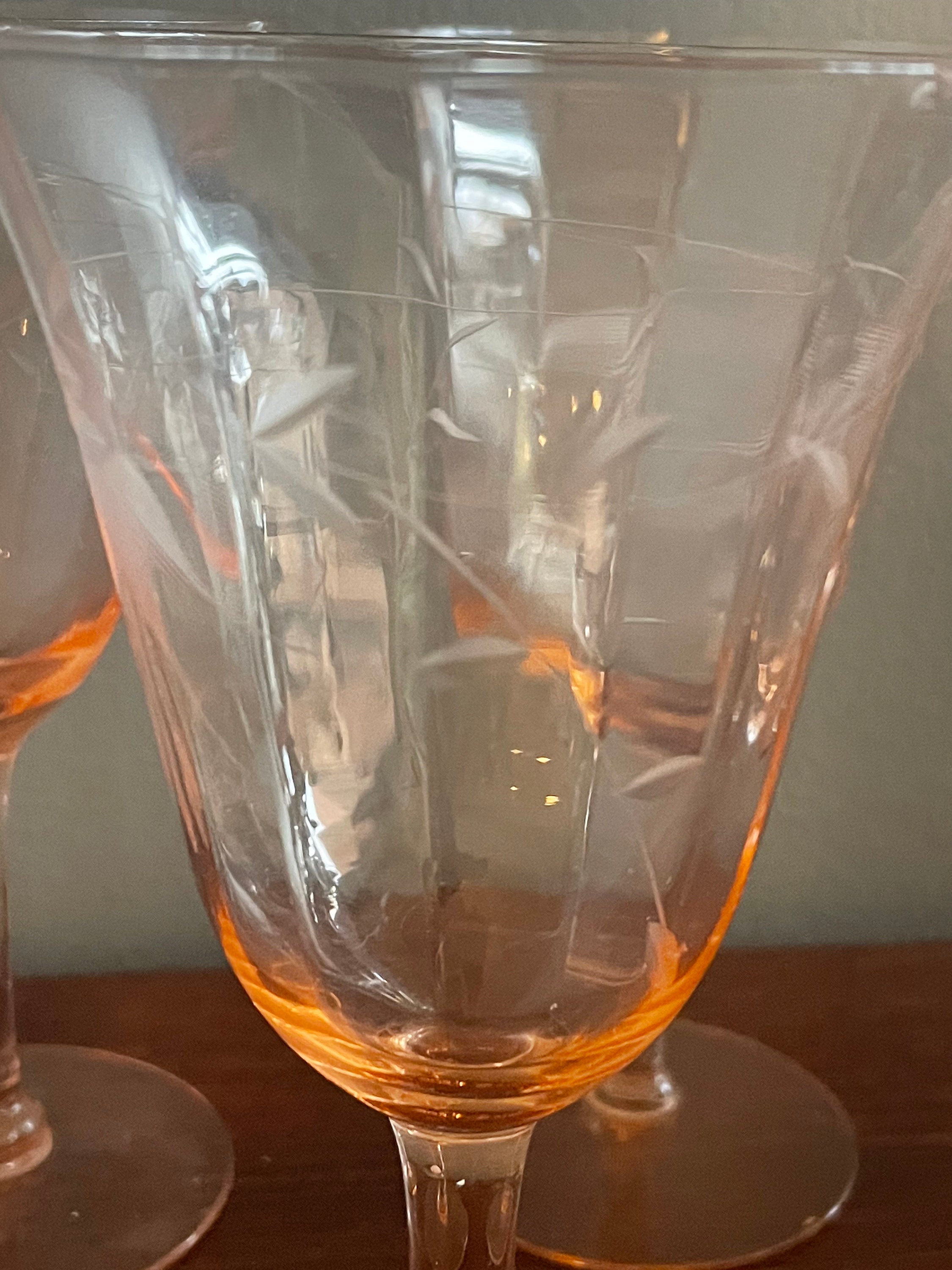 Sweet Pink Depression Glass Wine Glasses Set of 4 Optic Rib FLORAL LEAF ...