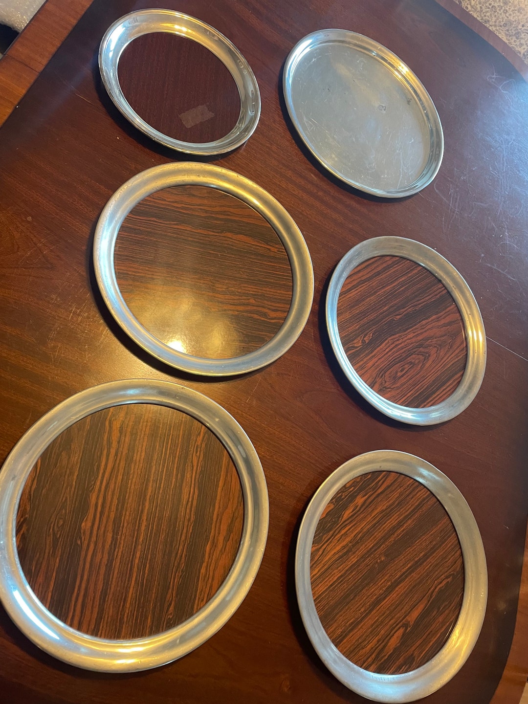 Set of Six 6 Vintage Mid-century Modern MCM Round Pewter and Wood Grain ...