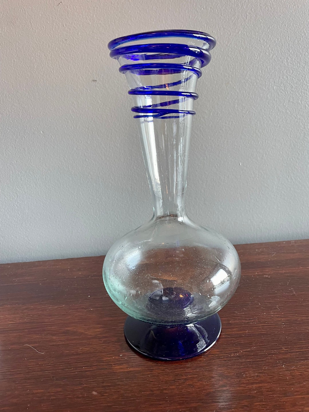 Vtg Blenko Glass Clear Vase With Applied Blue Swirl - Etsy