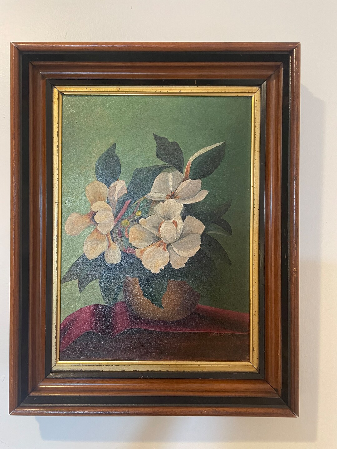 Vintage Magnolia, Floral Oil Painting in Wood and Gilded Frame Signed ...