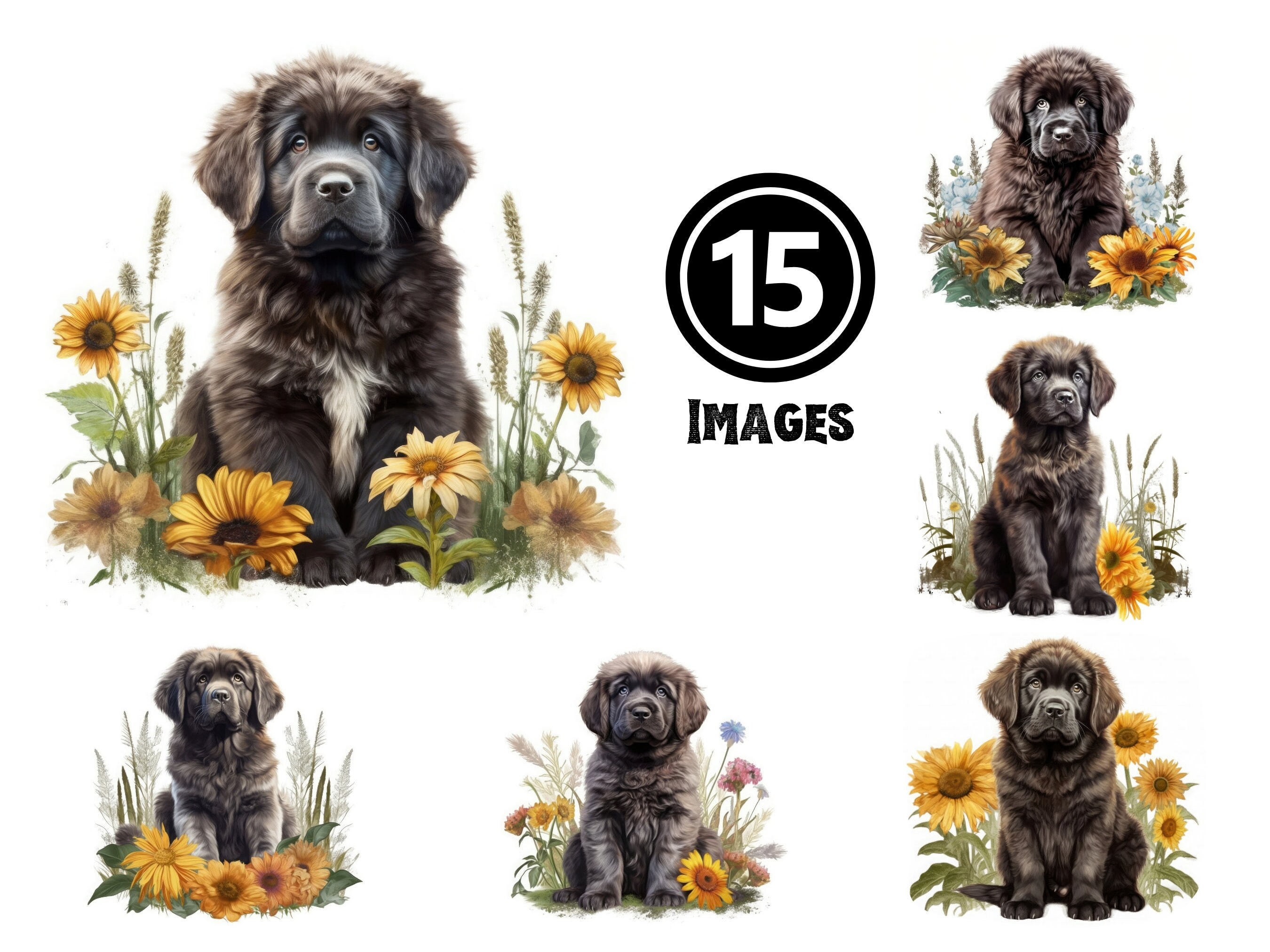 Newfoundland Puppy Clipart Set 15 JPG Illustrations Adorable Pet ...