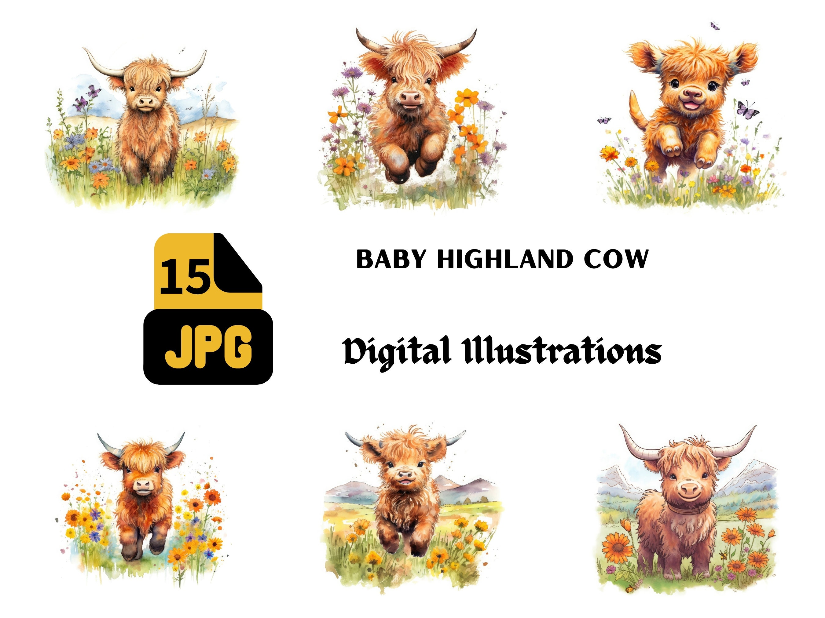 Realistic Highland Cow Baby Watercolor Clipart 15 JPG - Etsy