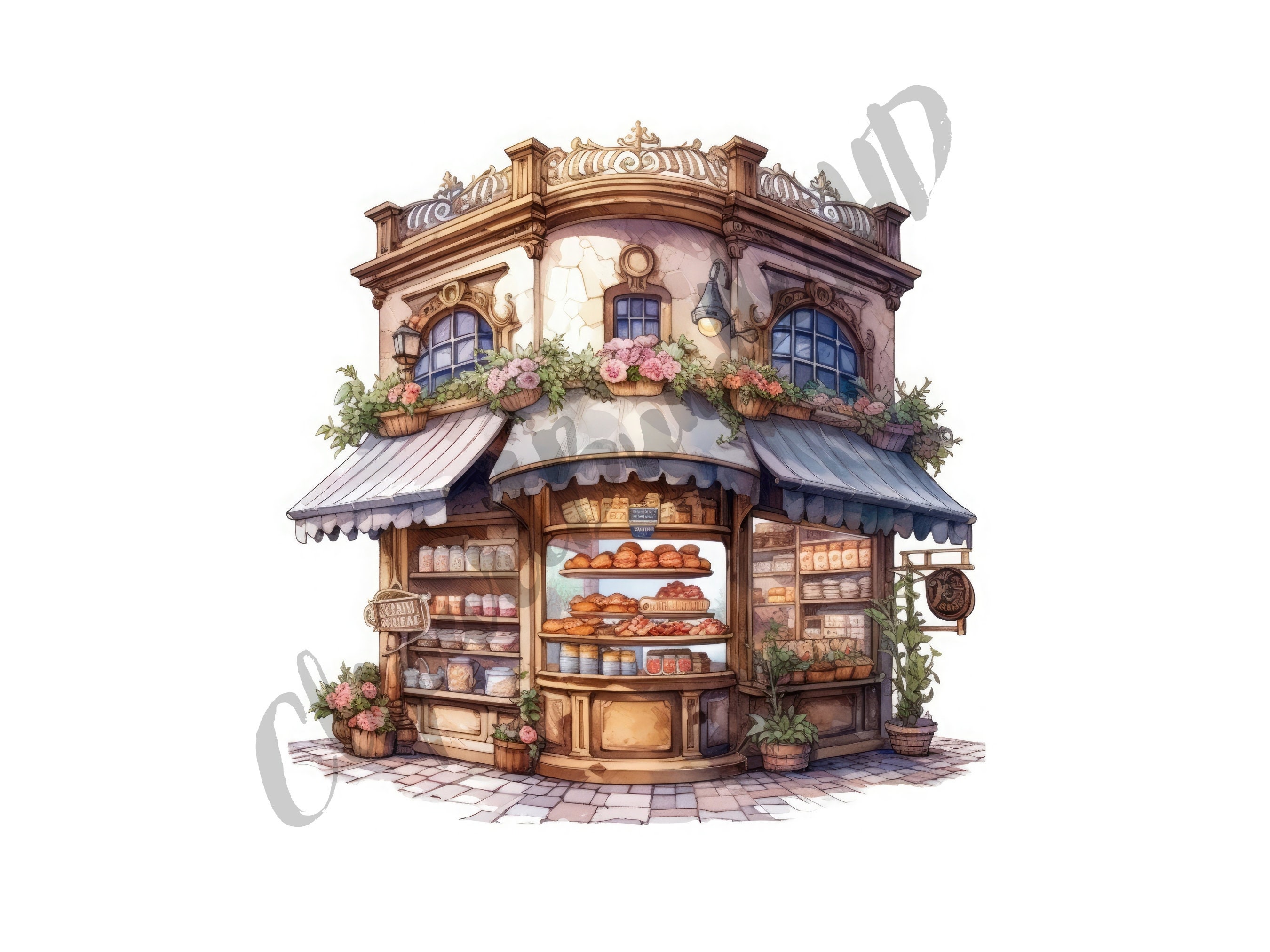 Bakery Shop Watercolor Clipart Bundle Cozy Cafe Scenes Artisan Pastries ...