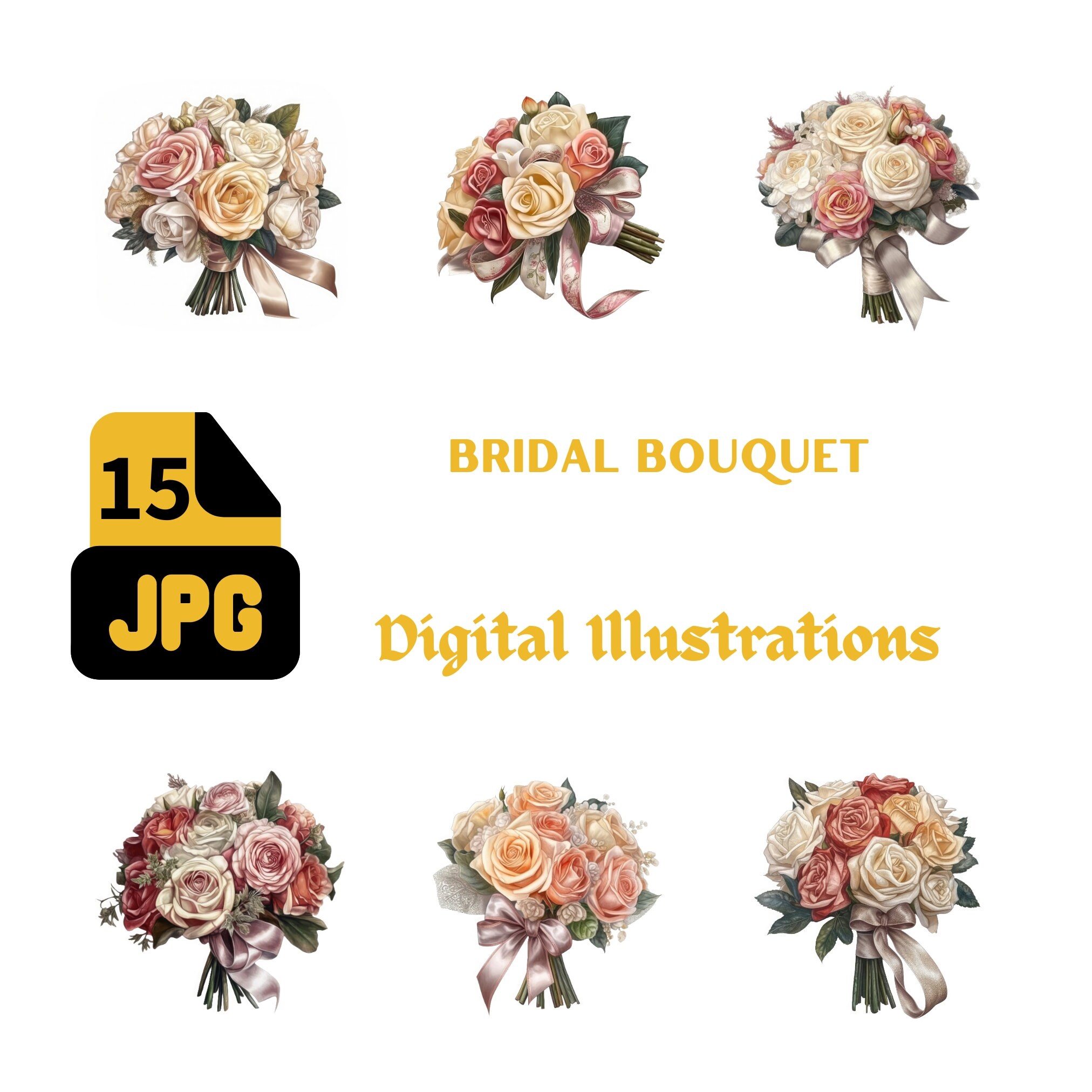 Bridal Bouquet Watercolor Clipart Floral Bouquet 15 Etsy