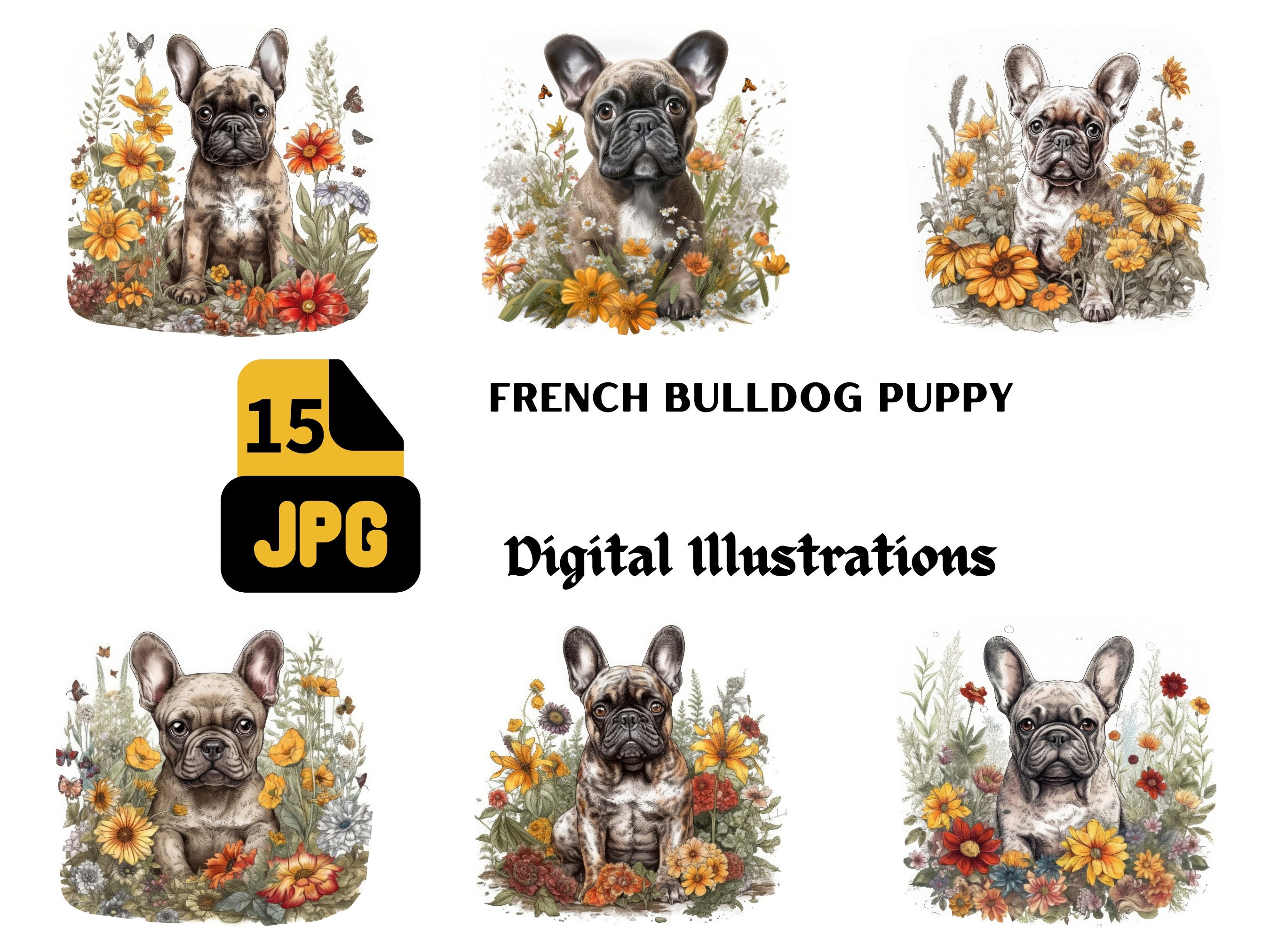 French Bulldog Puppy Clipart Bundle 15 JPG Adorable Frenchie ...
