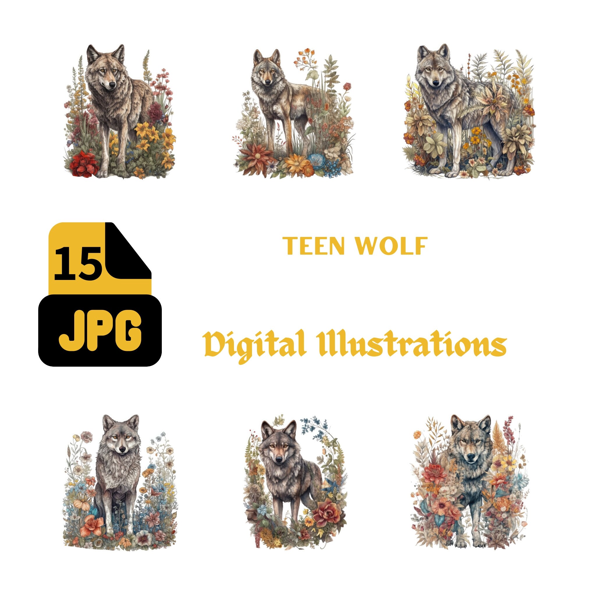 Wolf Clipart Mega Pack: 15 High-quality JPG Illustrations, Instant ...