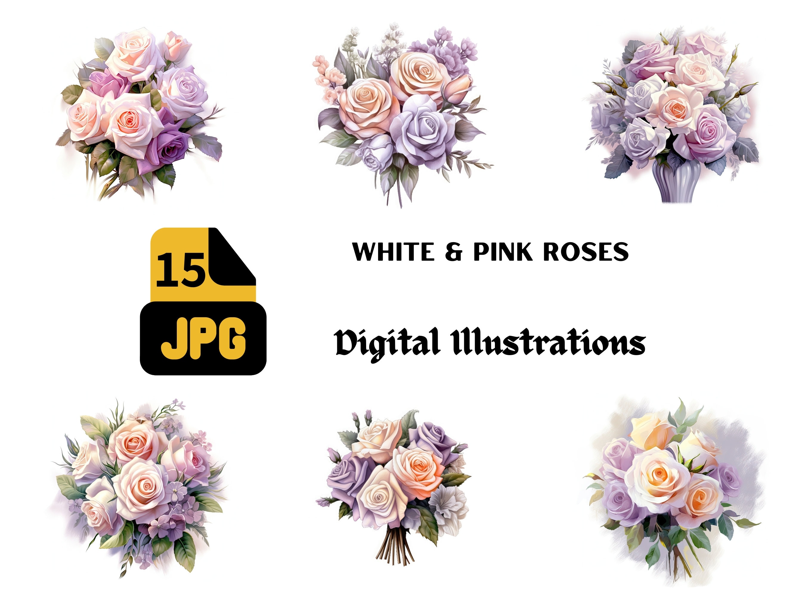 White & Pink Roses Bouquet Clipart: Elegant Floral Illustrations ...