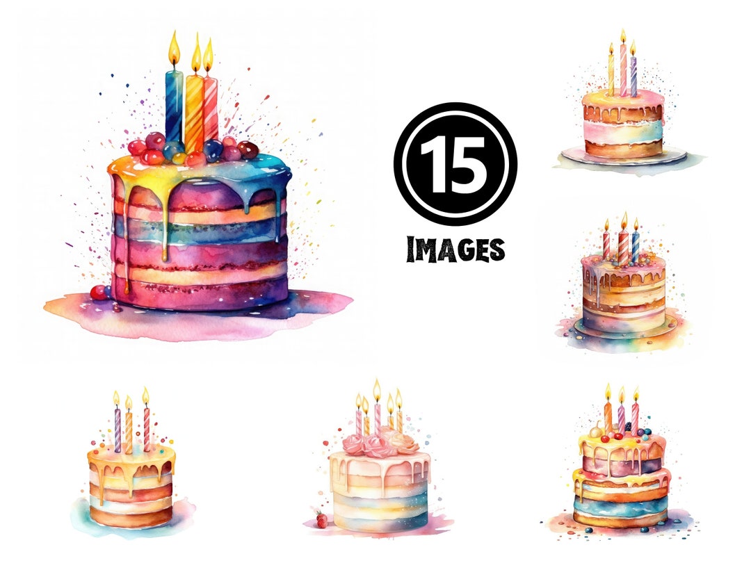 Colorful Birthday Cake Clipart Set 15 Vibrant JPG Illustrations Instant ...