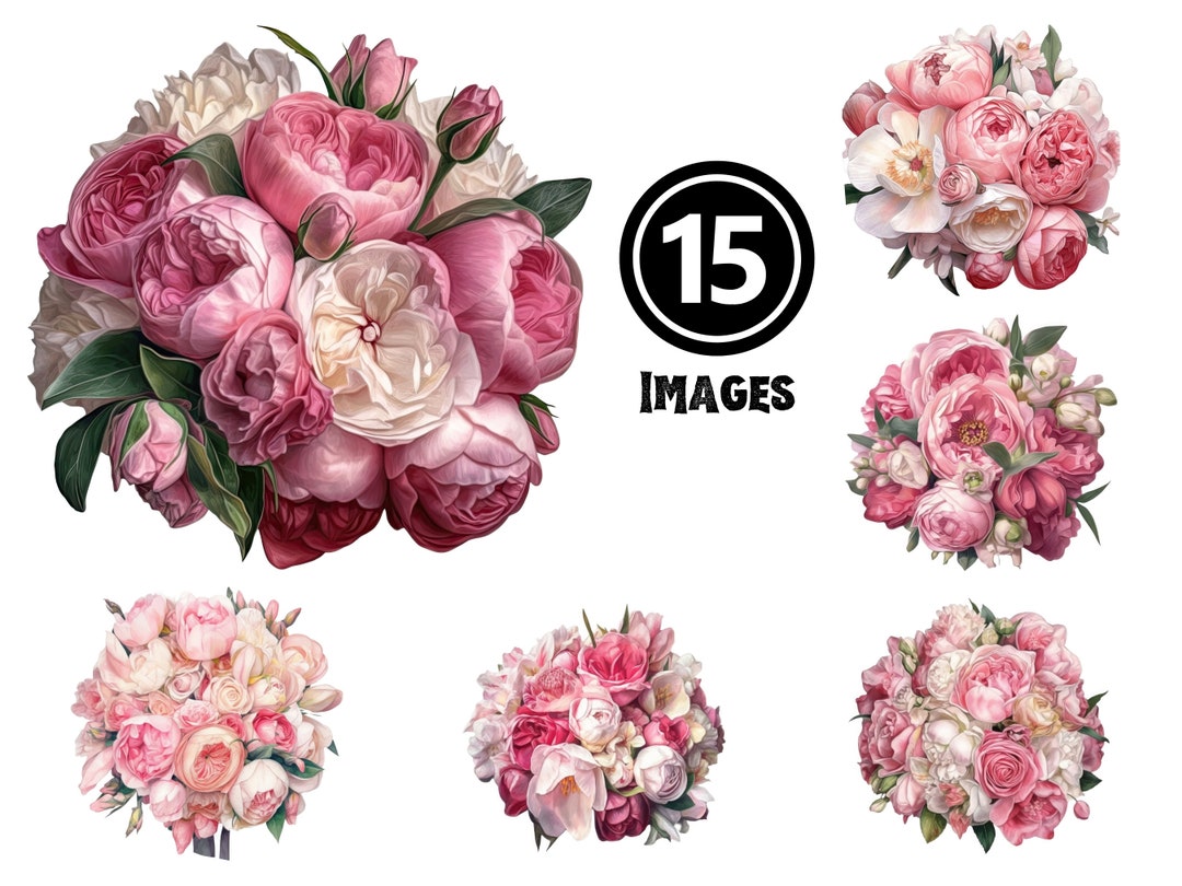 Pink Bridal Bouquet Clipart Set 15 JPG Illustrations Wedding Floral ...