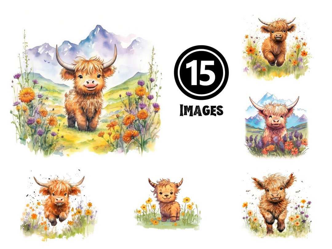 Realistic Highland Cow Baby Watercolor Clipart 15 JPG - Etsy