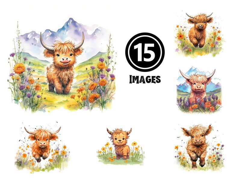 Realistic Highland Cow Baby Watercolor Clipart 15 JPG - Etsy