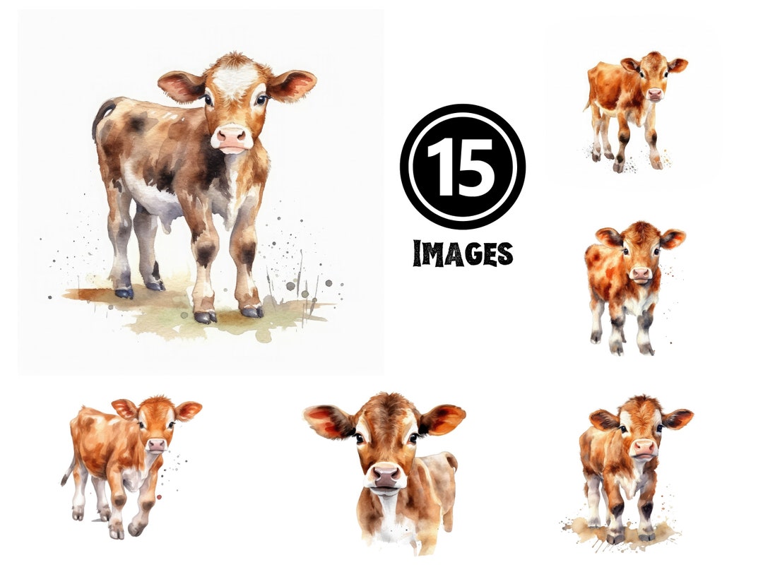 Watercolor Calf Clipart Bundle: Farm Animal Nursery Art (digital ...