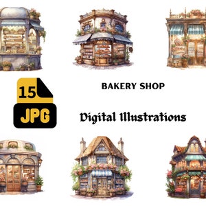 Bakery Shop Watercolor Clipart Bundle Cozy Cafe Scenes Artisan Pastries ...