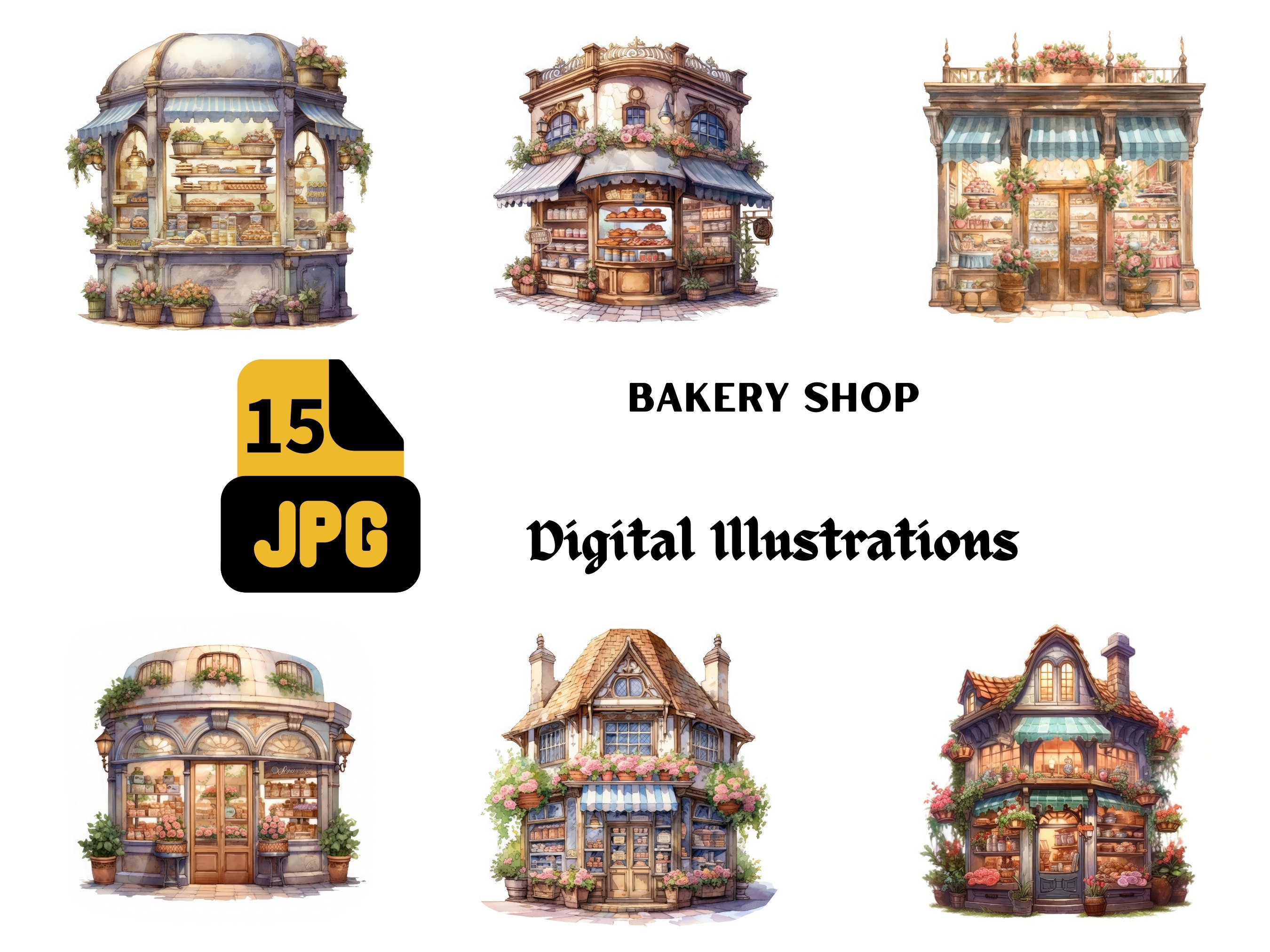 Bakery Shop Watercolor Clipart Bundle Cozy Cafe Scenes Artisan Pastries ...